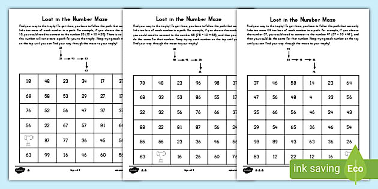 Ten More or Less Maze Worksheet - Twinkl
