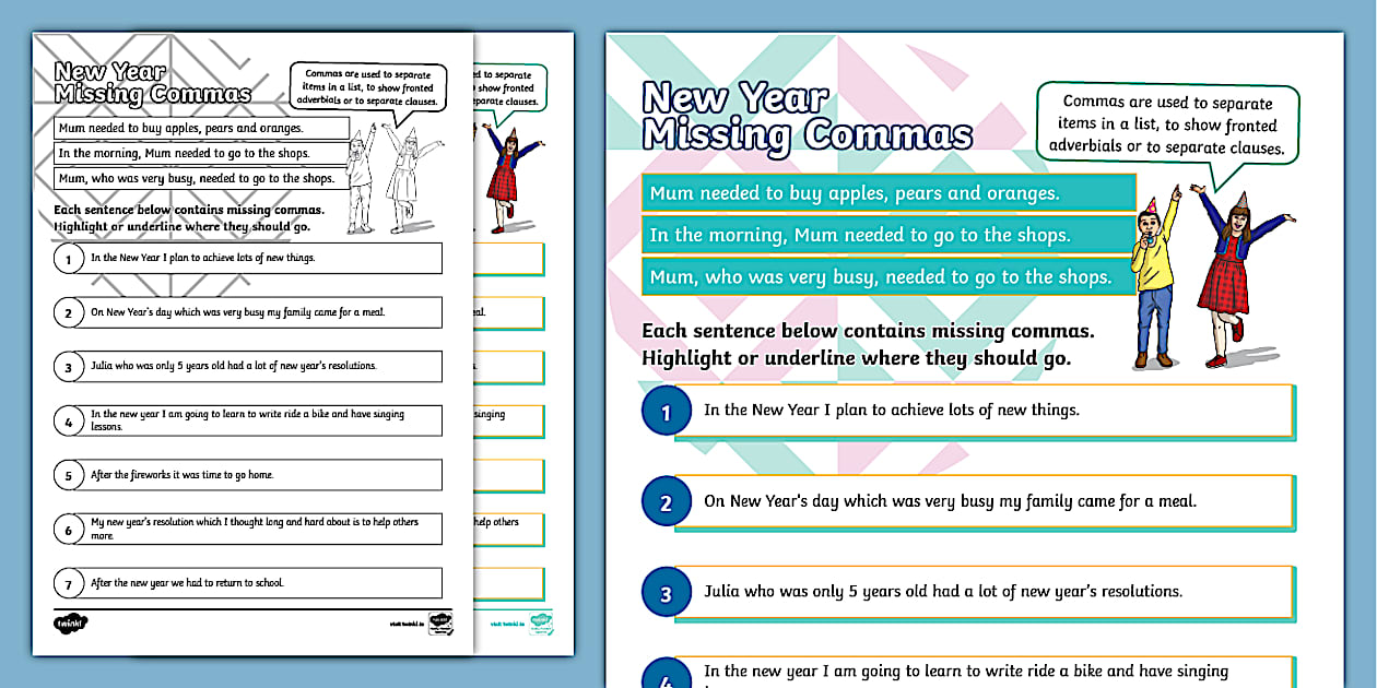 New Year Missing Commas Worksheet (teacher made) - Twinkl