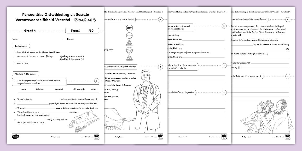 Graad 4: Persoonlike en Sosiale Welsyn Vraestel Kwartaal 4
