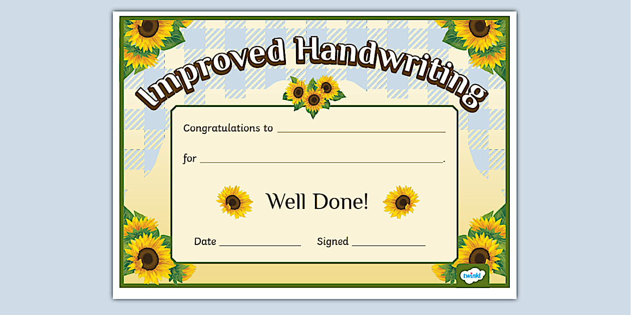 Sunflower-Themed Improved Handwriting Certificate - Twinkl
