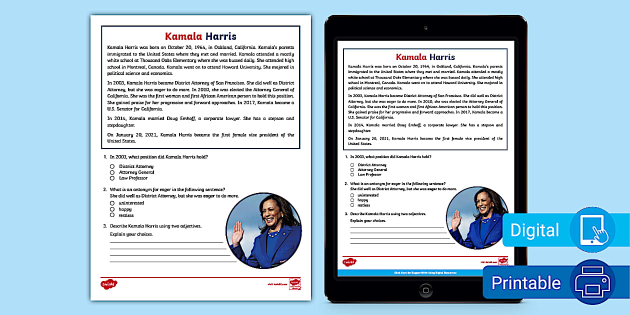 Fourth Grade Kamala Harris Reading Comprehension Worksheet