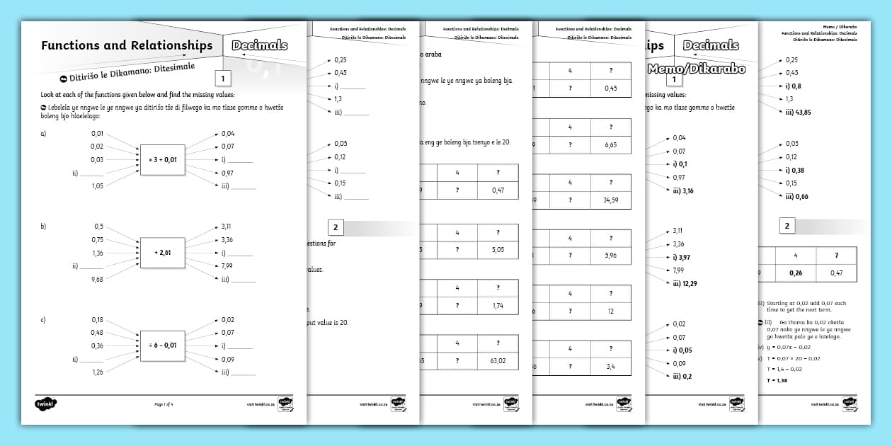 Functions and Relationships with Decimals Activity Sheet - Sepedi