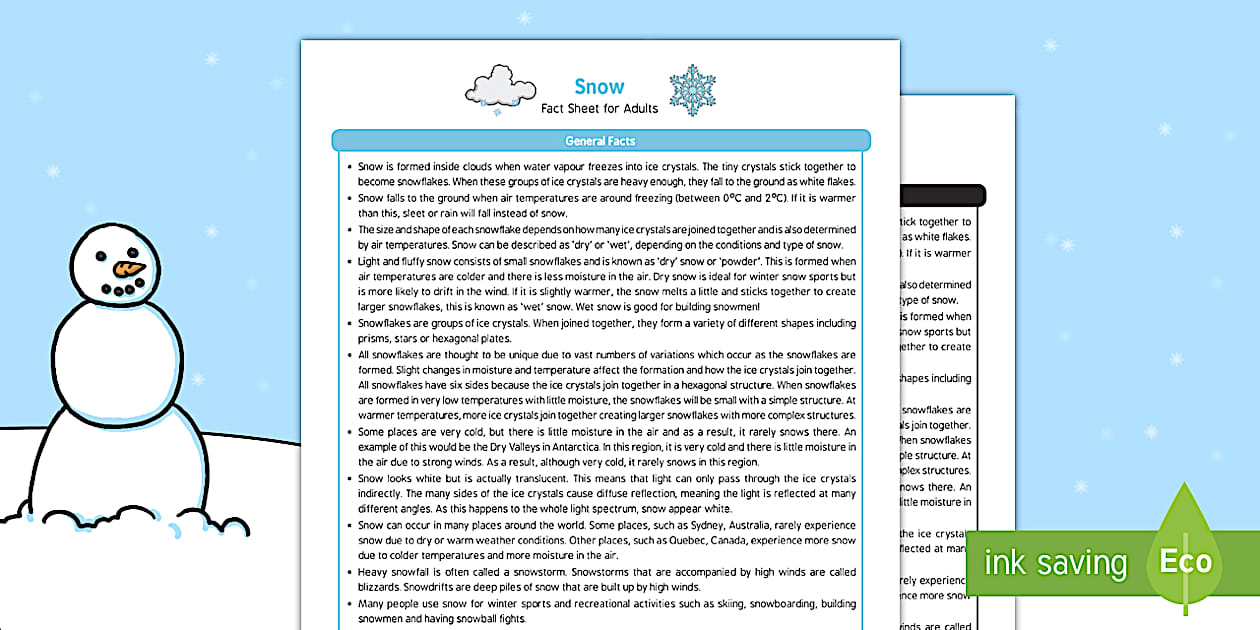 Snow Fact Sheet for Adults (teacher made) - Twinkl