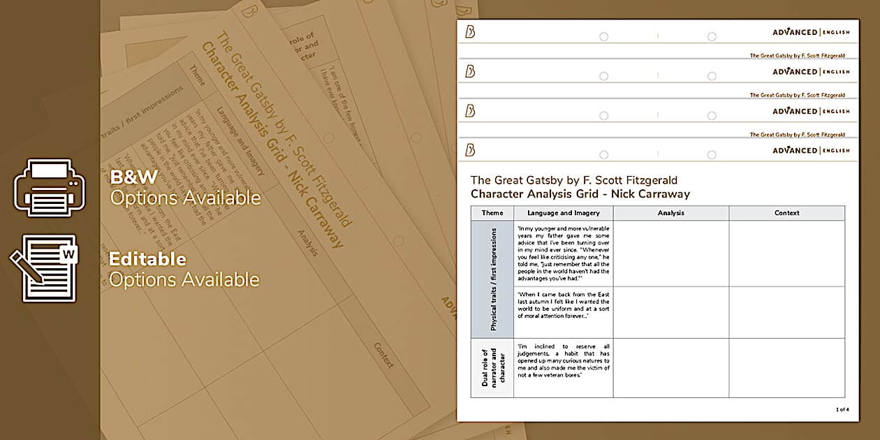 Nick Carraway Character Grid | Beyond English (teacher made)