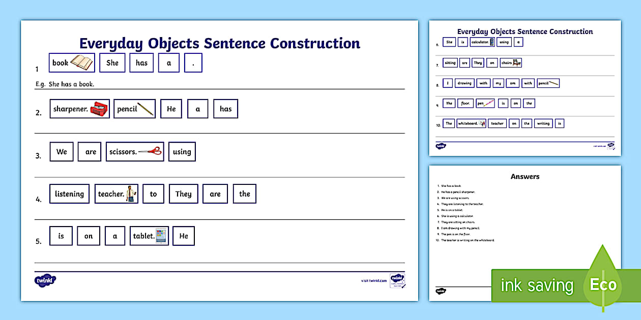Objects Sentence Construction Worksheet / Worksheet - Twinkl