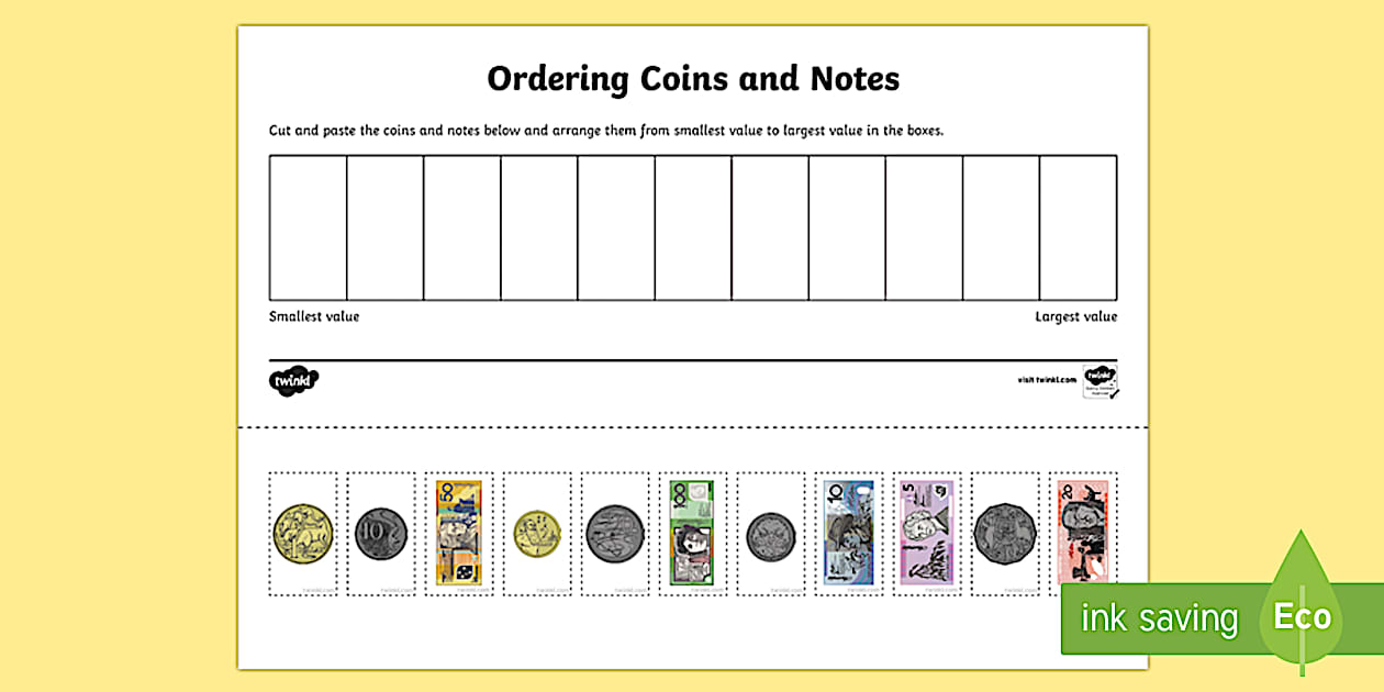 Editable Ordering Coins and Notes Worksheet (teacher made)