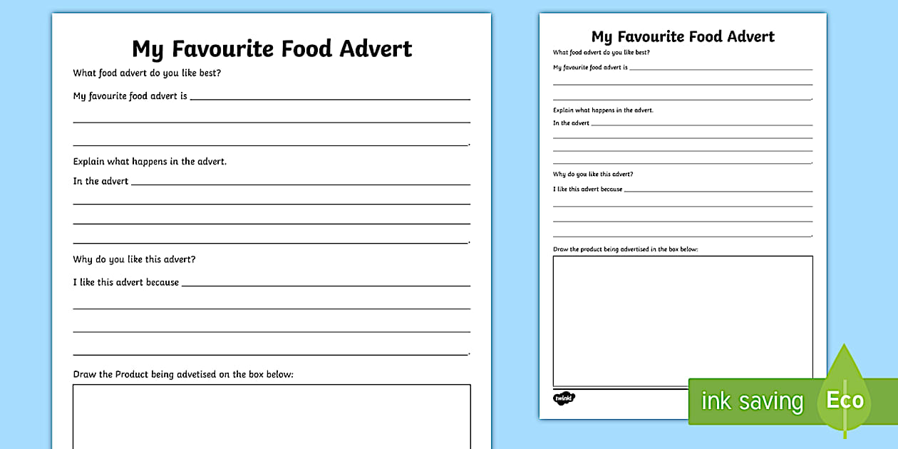 Editable My Favourite Food Advert Worksheet (teacher made)