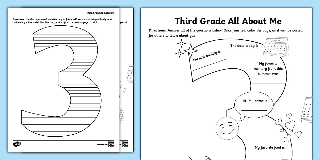 Third Grade All About Me Worksheet and Writing Prompt