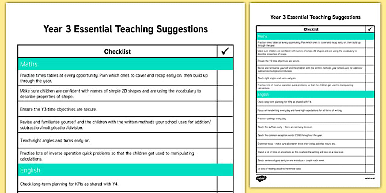 Black and White Year 3 Essential Teaching Suggestions Checklist