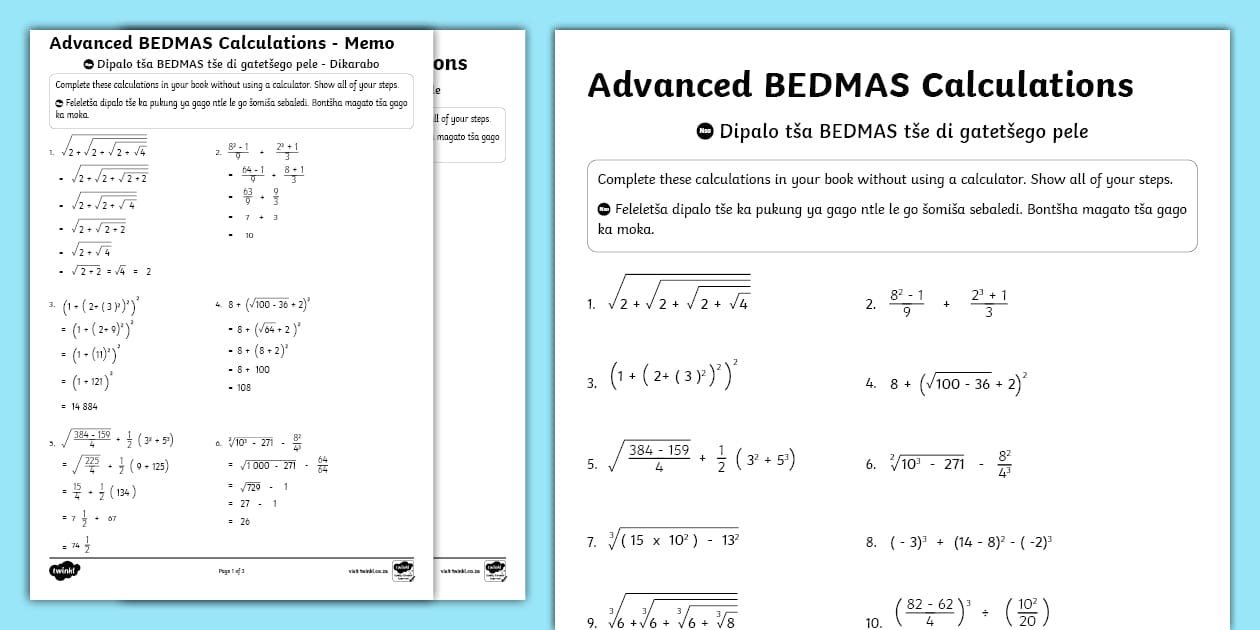 Advanced BEDMAS Calculations Activity Sheet – Sepedi