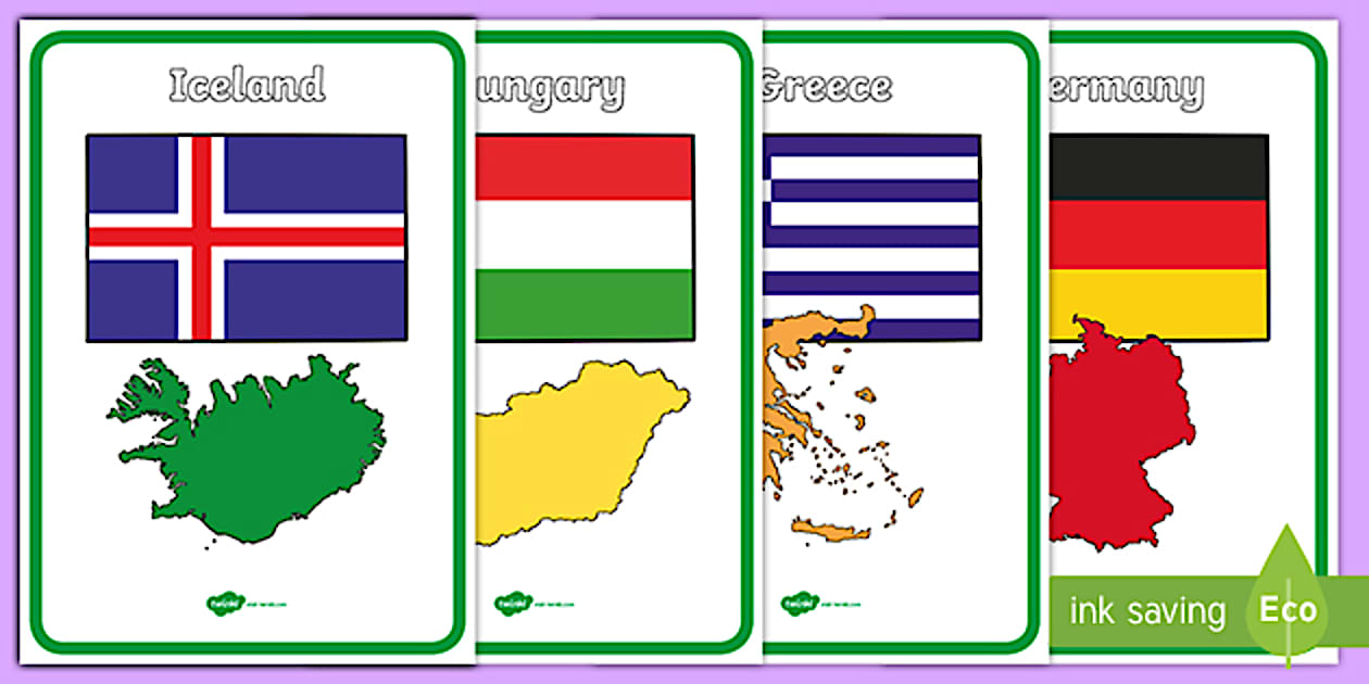 Editable European Country Shapes and Flags Poster - Twinkl