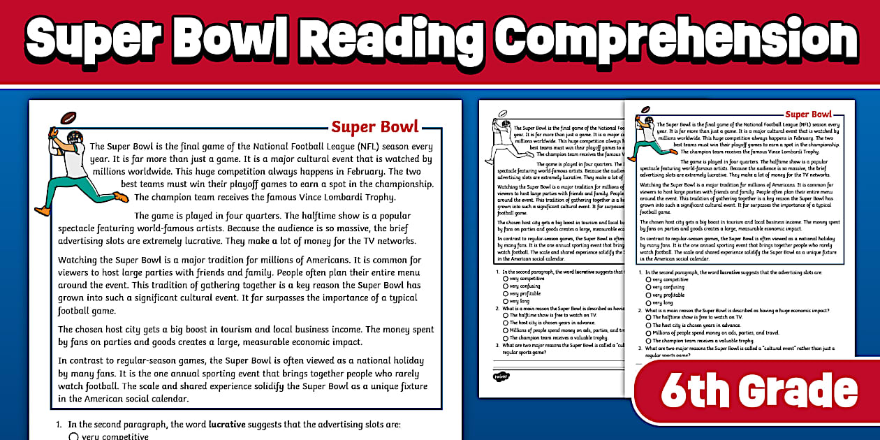 Sixth Grade Super Bowl Reading Passage Comprehension