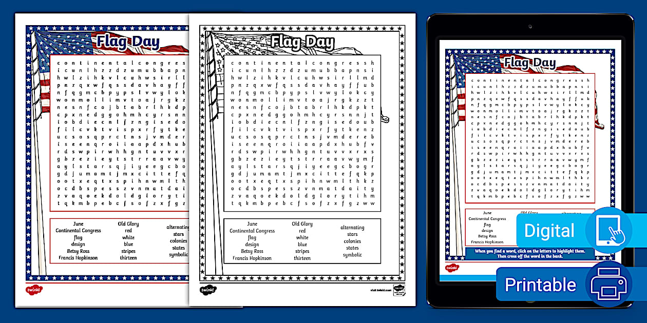 Flag Day Word Search for 6th-8th Grade (teacher made)