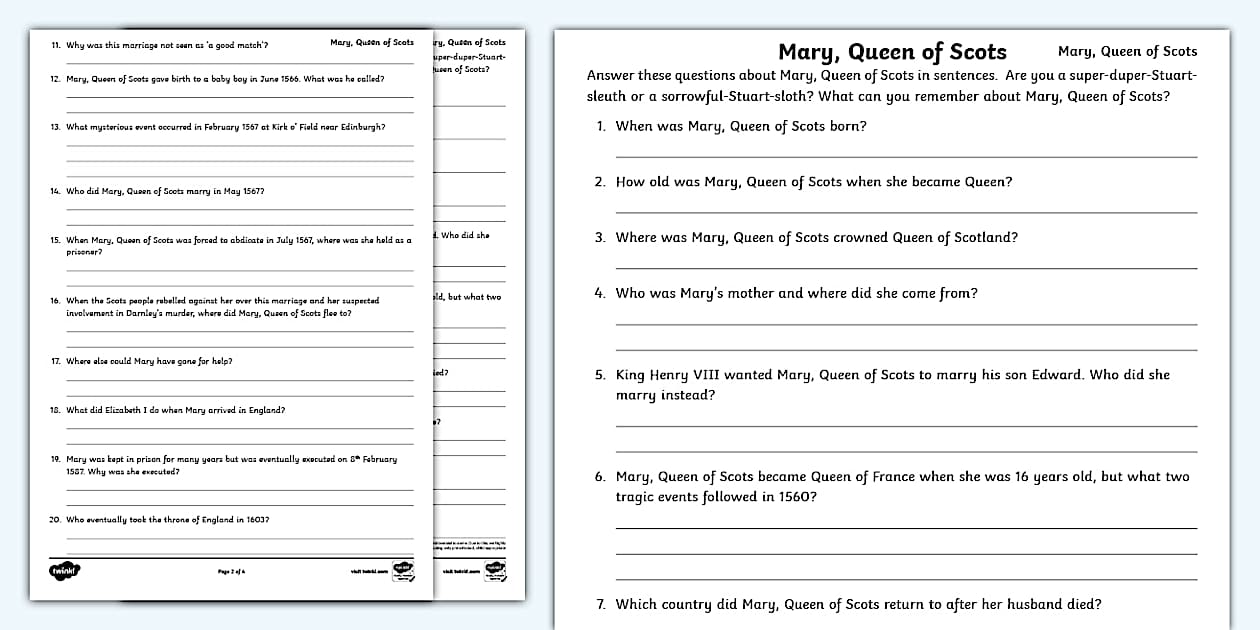 Mary, Queen of Scots Questions Activity Sheet - Twinkl