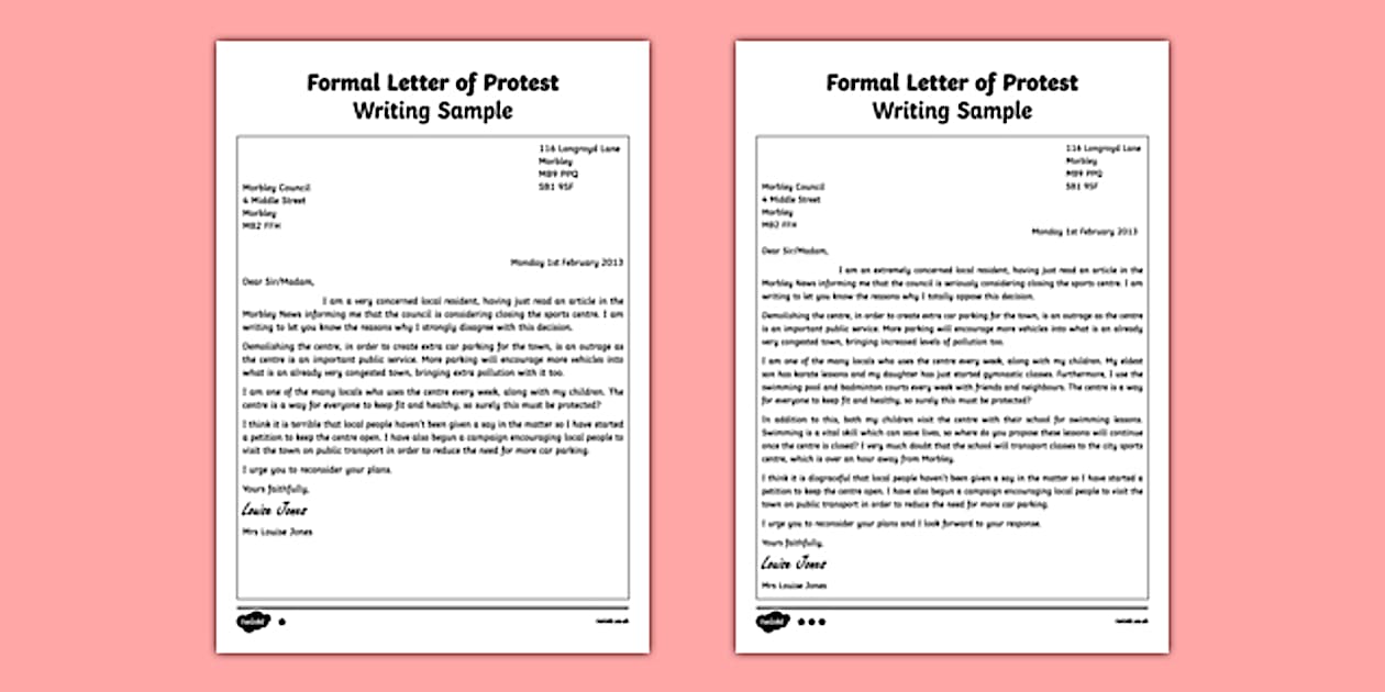 Lower Ability Formal Letter of Protest Writing Sample