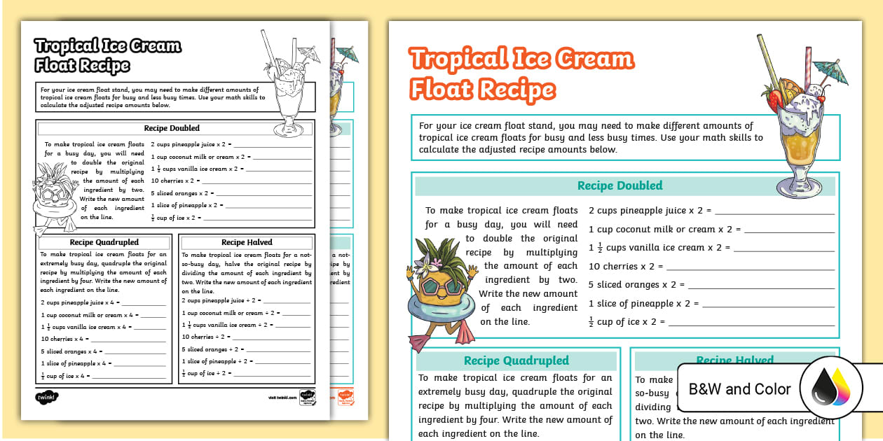 Tropical Ice Cream Float Multiplication and Division Worksheet for 3rd-5th