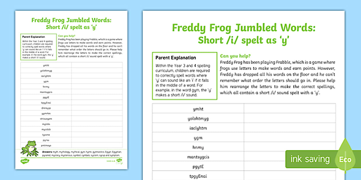 Black and White Short /i/ spelt as 'y' Freddy Frog Jumbled Words Worksheet
