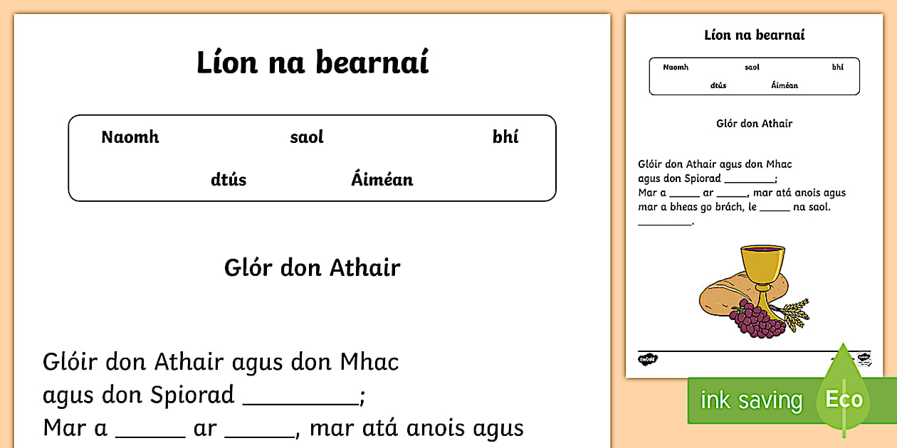 Black and White The Glory Be Fill in the Blanks Write-Up Worksheet Gaeilge