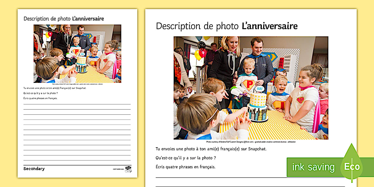 Birthday Photo Description Worksheet / Worksheet French