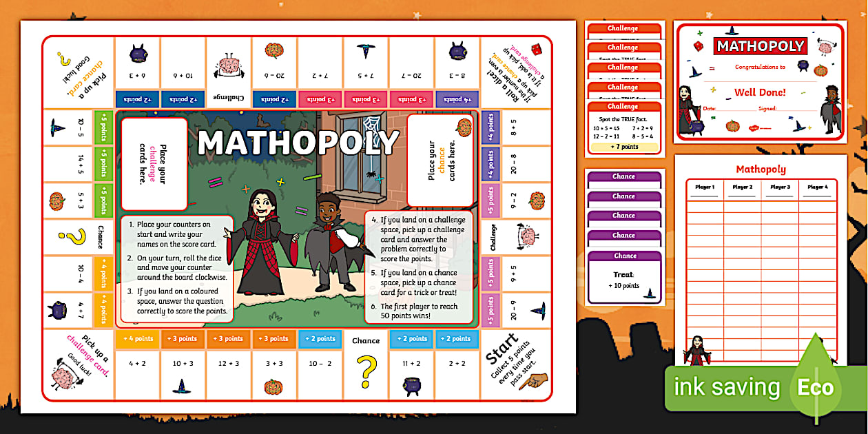 👉 Halloween Addition and Subtraction within 20 Mathopoly Game