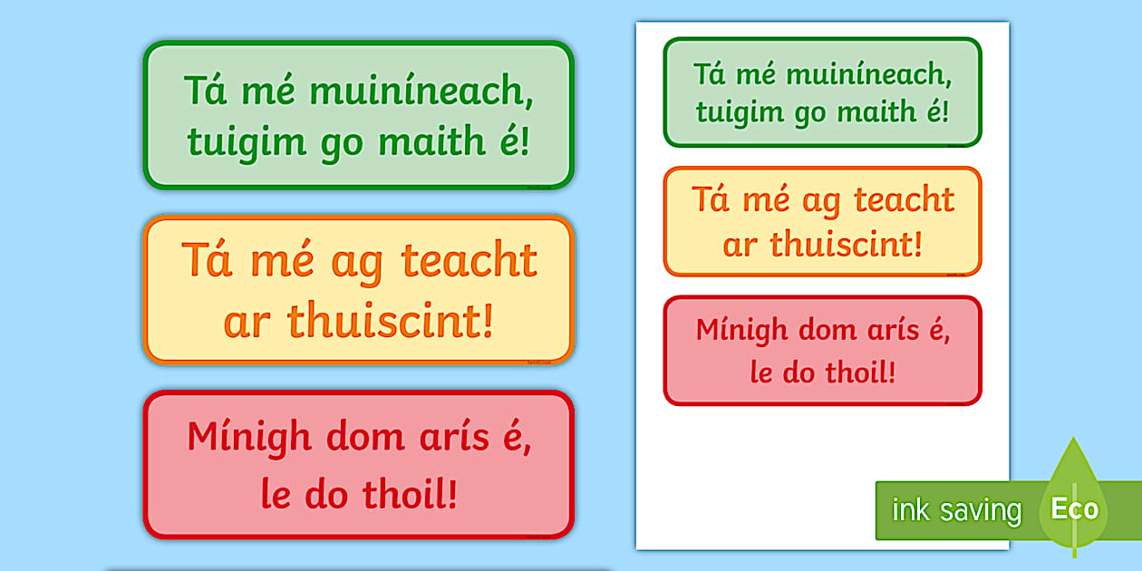 Editable Measúnú ar Obair atá déanta Display Labels Gaeilge