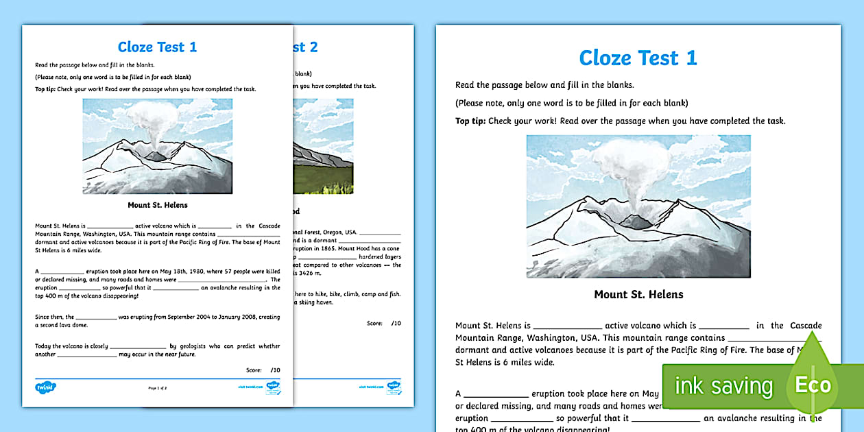 Volcano Themed Cloze Test Worksheet / Worksheets - Twinkl