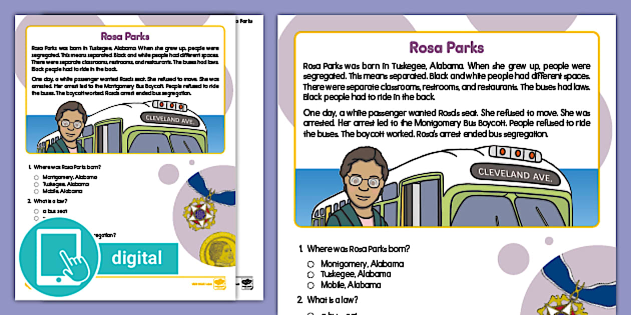 1st Grade Rosa Parks Reading Passage Worksheet | Twinkl USA