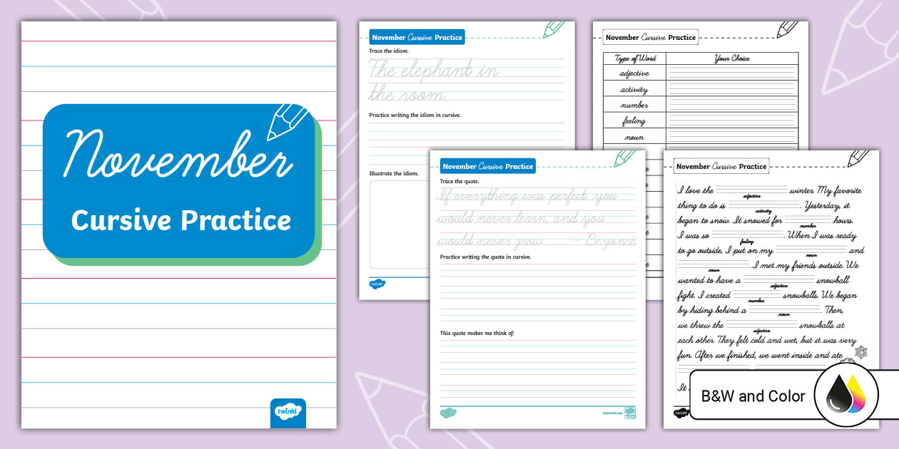 Third Grade November Cursive Practice Bundle (Teacher-Made)