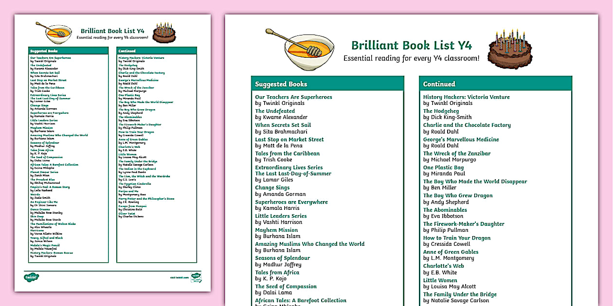 Editable Brilliant Book List Y4 (teacher made) - Twinkl