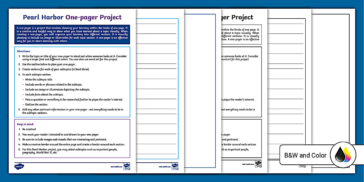 Pearl Harbor One-pager Project with Rubric for 3rd-5th Grade