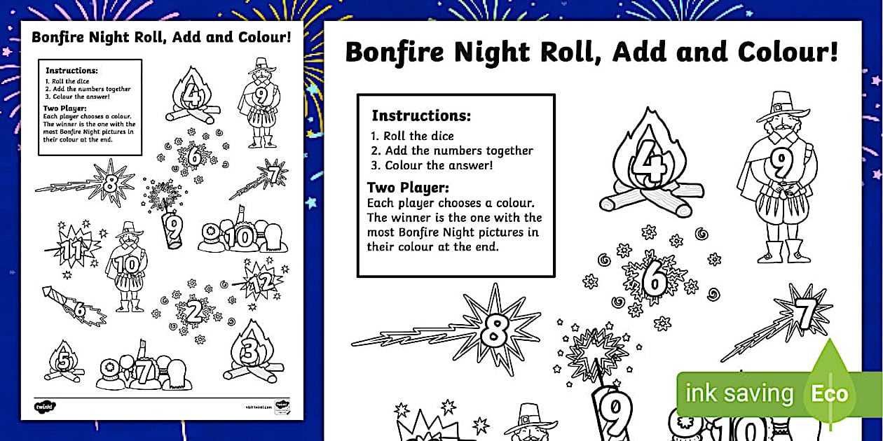 Bonfire Night Colour and Roll Worksheet (teacher made)