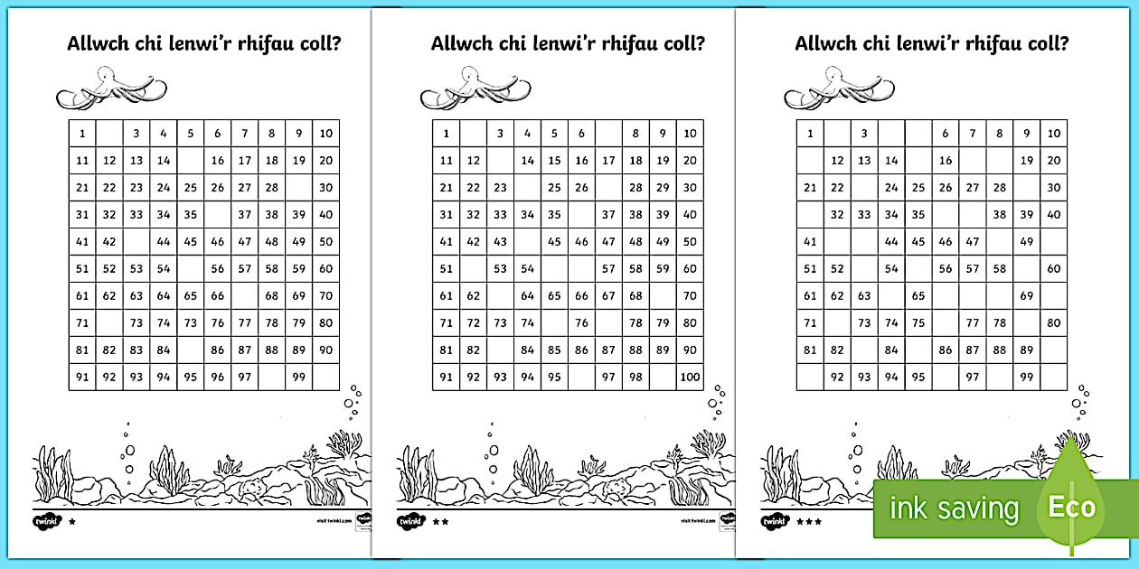 Taflen Weithgaredd Rhif Sgwariau Rhif O Dan y Môr - Twinkl