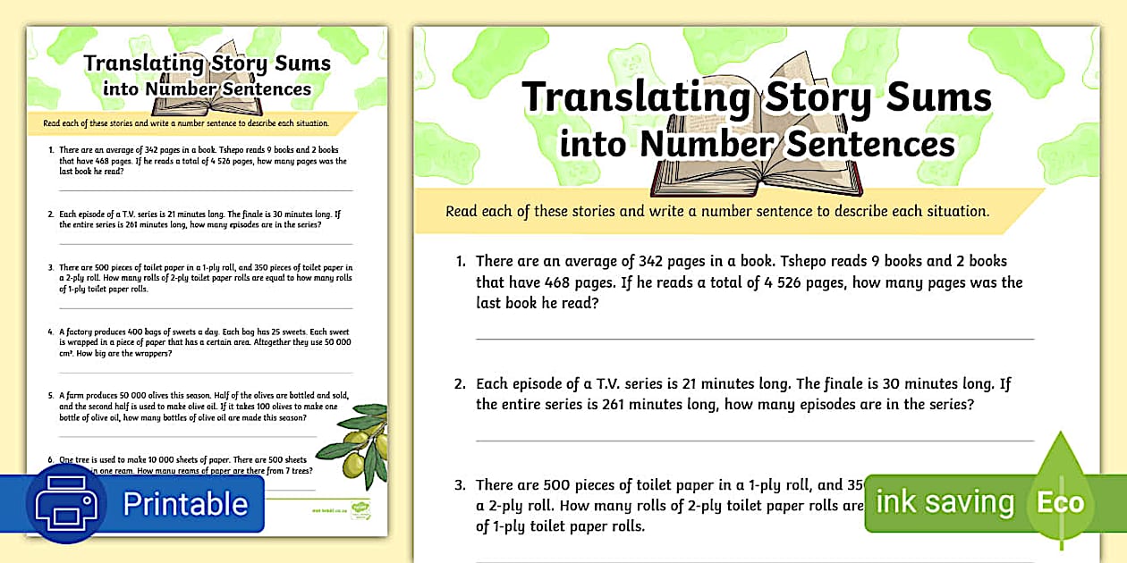 Translating Story Sums into Number Sentences Activity Sheet