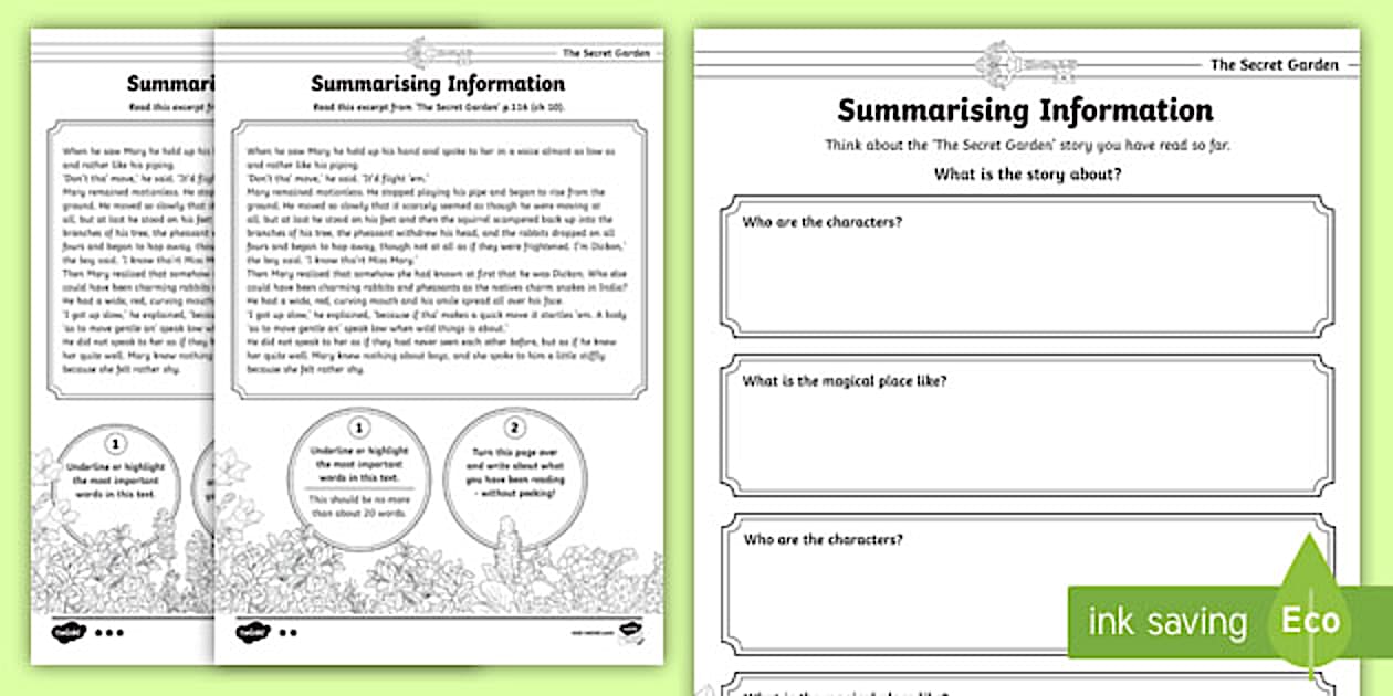 The Secret Garden Summarizing Differentiated Worksheets