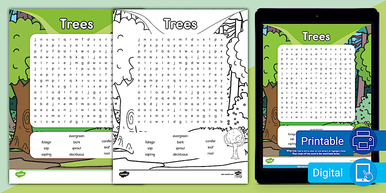 Trees Vocabulary Word Search for K-2nd Grade - Twinkl