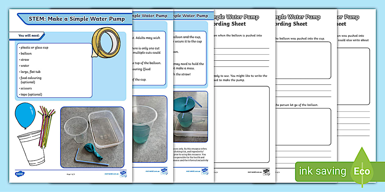 Make A Water Pump Activity - STEM - F-2 - Twinkl - Australia
