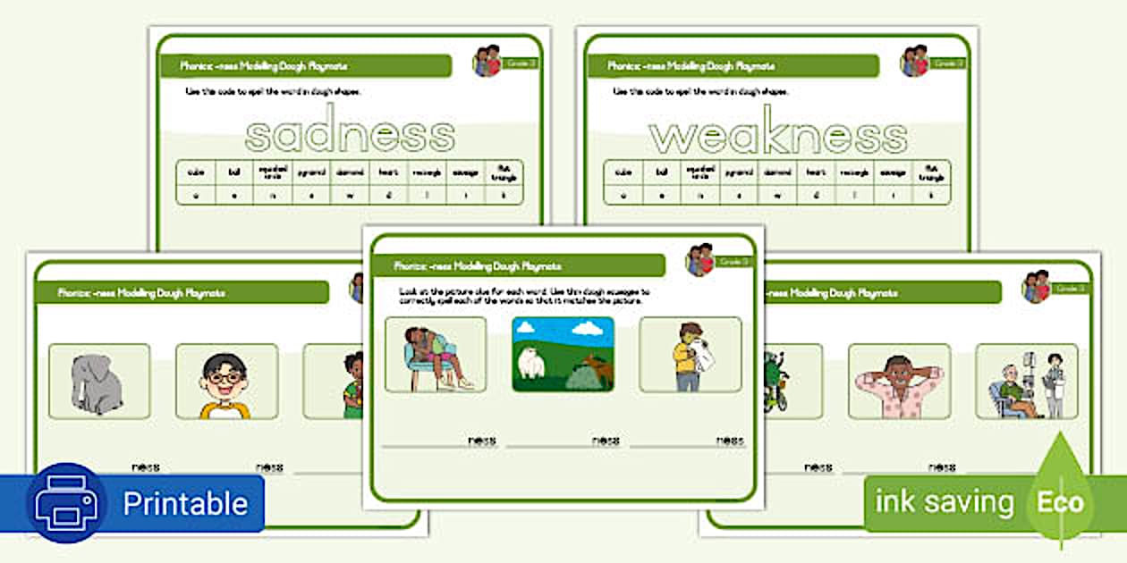 Grade 3 Phonics: -ness Modelling Dough Playmats - Twinkl