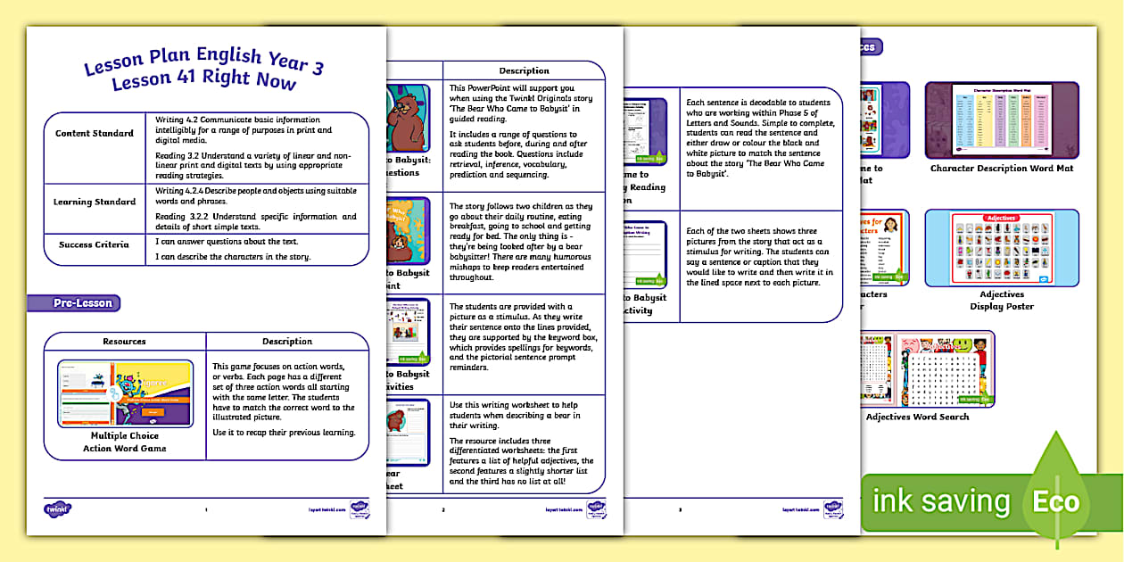 Lesson Plan English Year 3 Lesson 41 Right Now - Twinkl