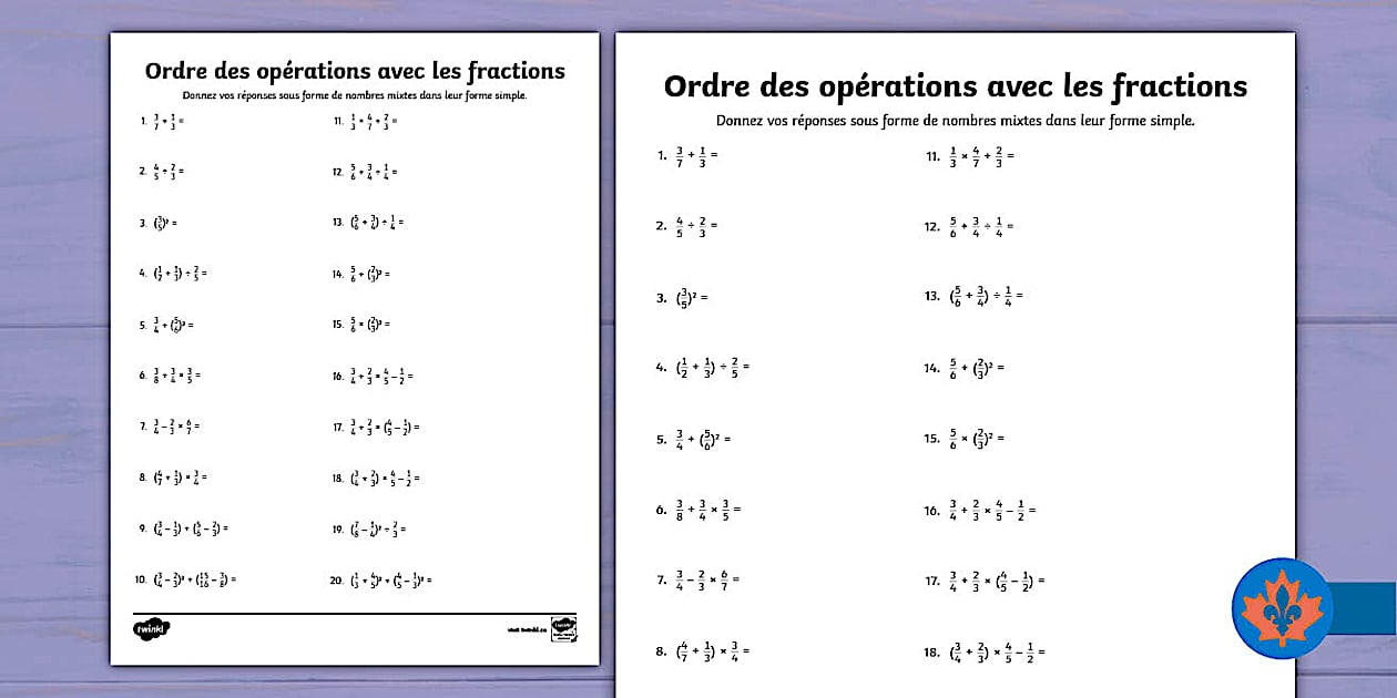 Order of Operations with Fractions French - Twinkl