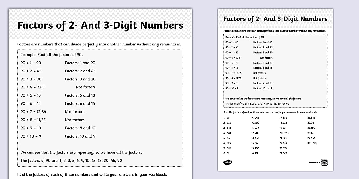 Factors of 2- And 3-Digit Numbers Activity Sheet - Twinkl