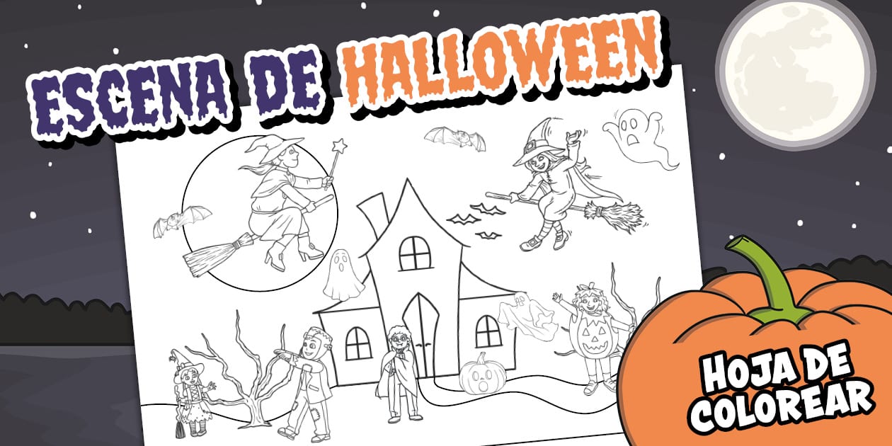 Hoja de colorear: Escena de Halloween - Twinkl