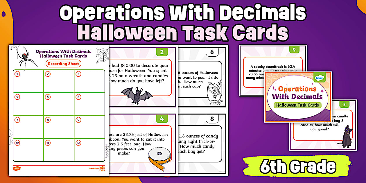 Sixth Grade Operations With Decimals Halloween Task Cards