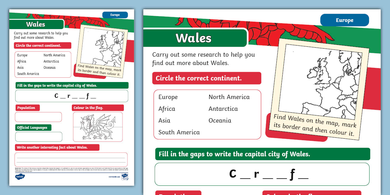 KS1 Wales Research Activity - KS1 (teacher made) - Twinkl