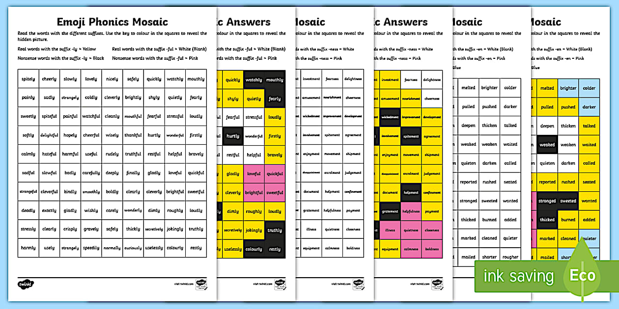😊 Emojis Phase 6 Phonics Mosaic Worksheets (teacher made)
