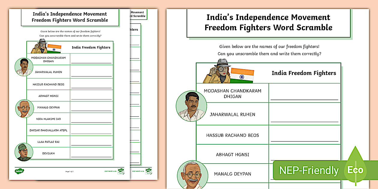 India's Independence Movement Freedom Fighters Word Scramble