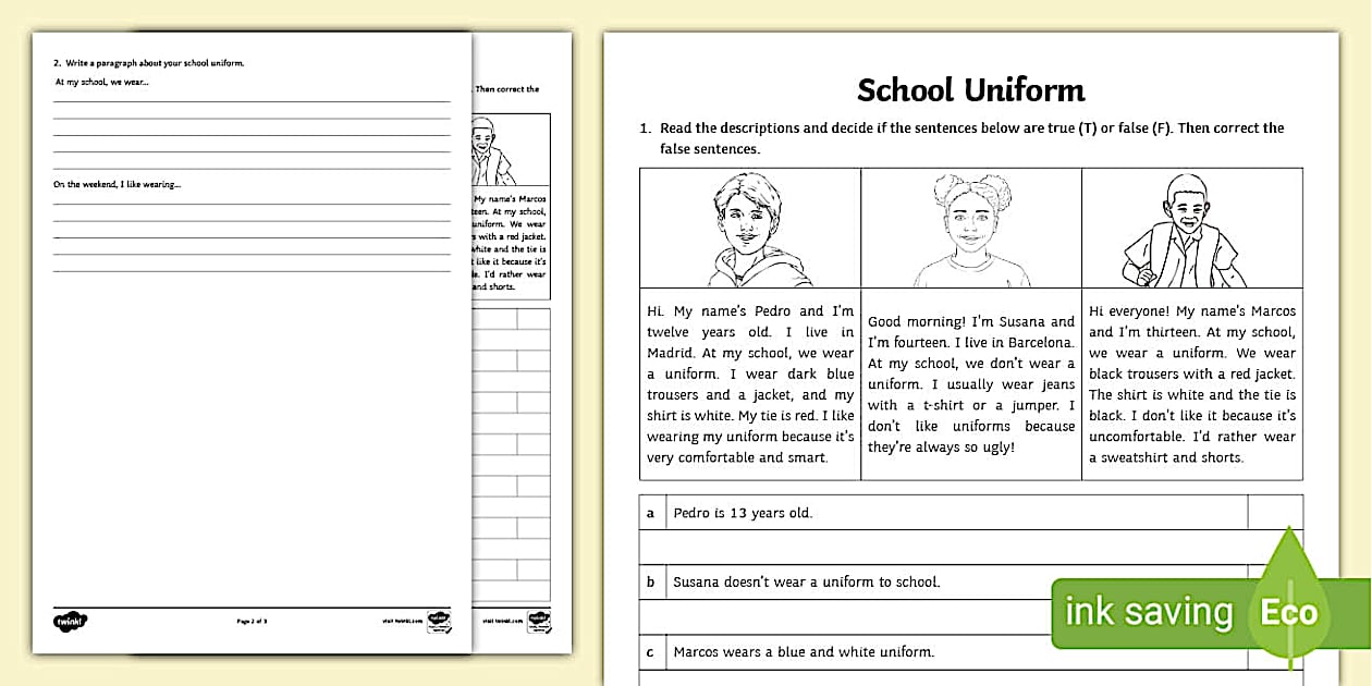 School Uniform Reading Comprehension Worksheet - Twinkl