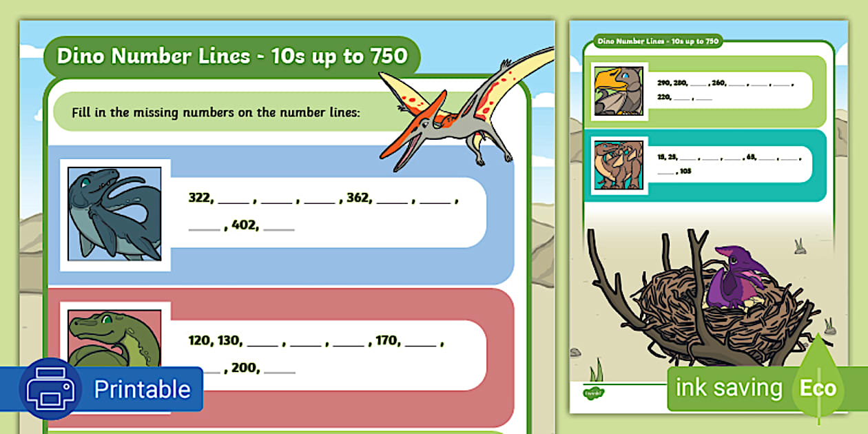 Grade 3 Math: Dino Number Line - 10s up to 750 - Twinkl