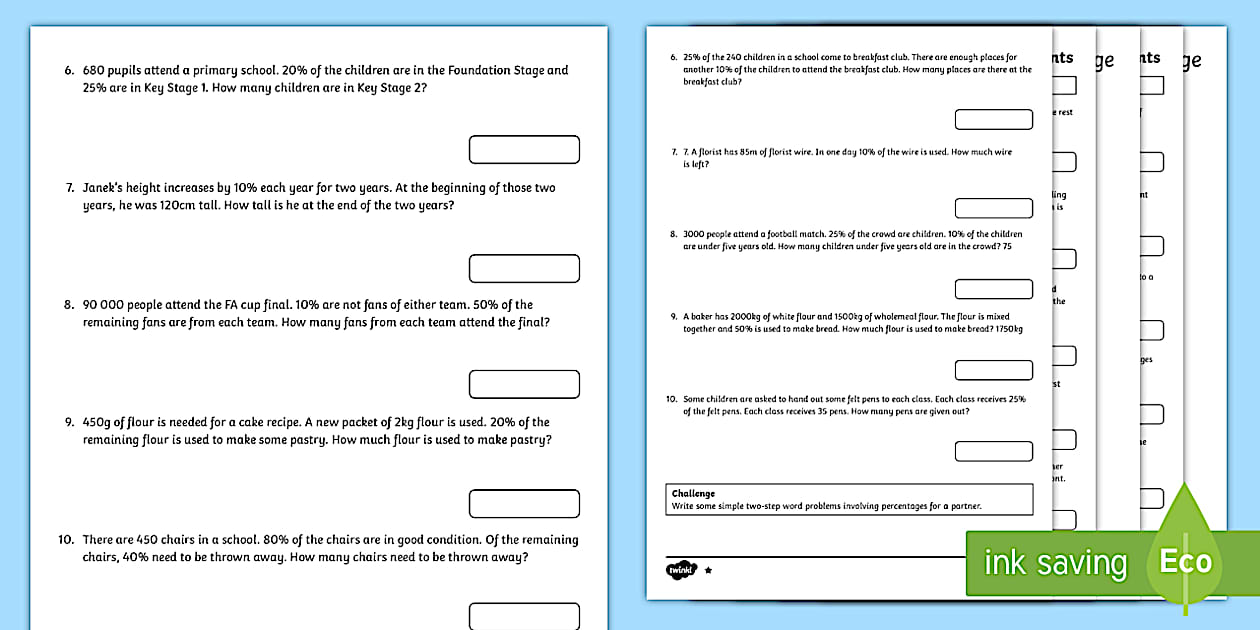 Lower Ability Multi-step Percentages Differentiated Word Problems