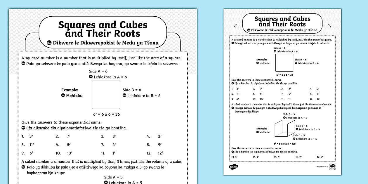 Squares and Cubes and Their Roots Activity Sheet Sepedi