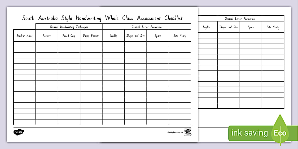 SA Style Handwriting Whole-Class Assessment Checklist